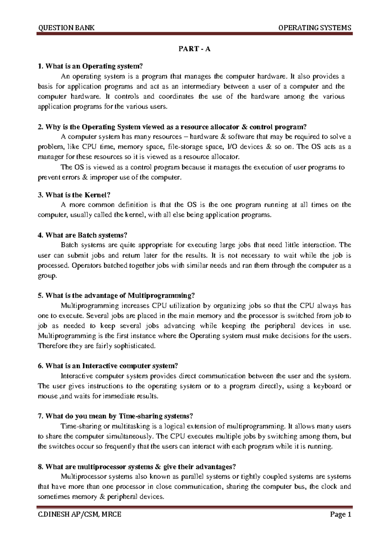 OS QB - Os question bank - PART - A What is an Operating system? An operating system is a ...