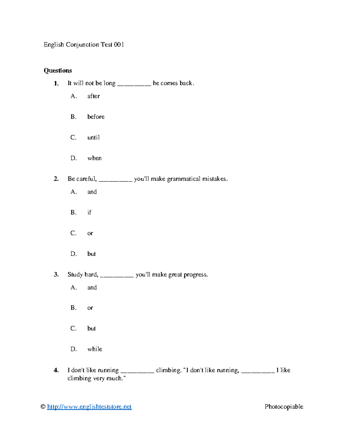 English Conjunction Test 001 - © englishteststore Photocopiable English ...