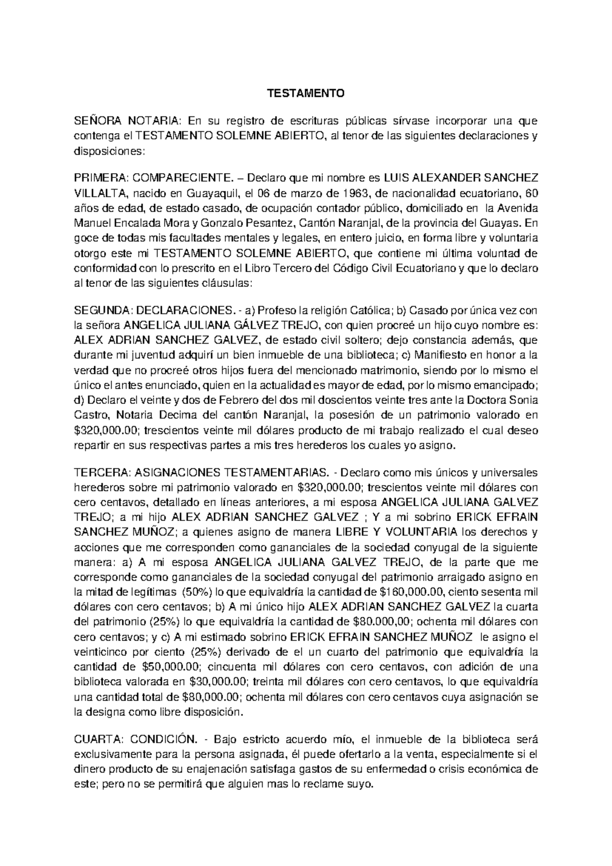 Testamento - resumen - TESTAMENTO SEÑORA NOTARIA: En su registro de ...