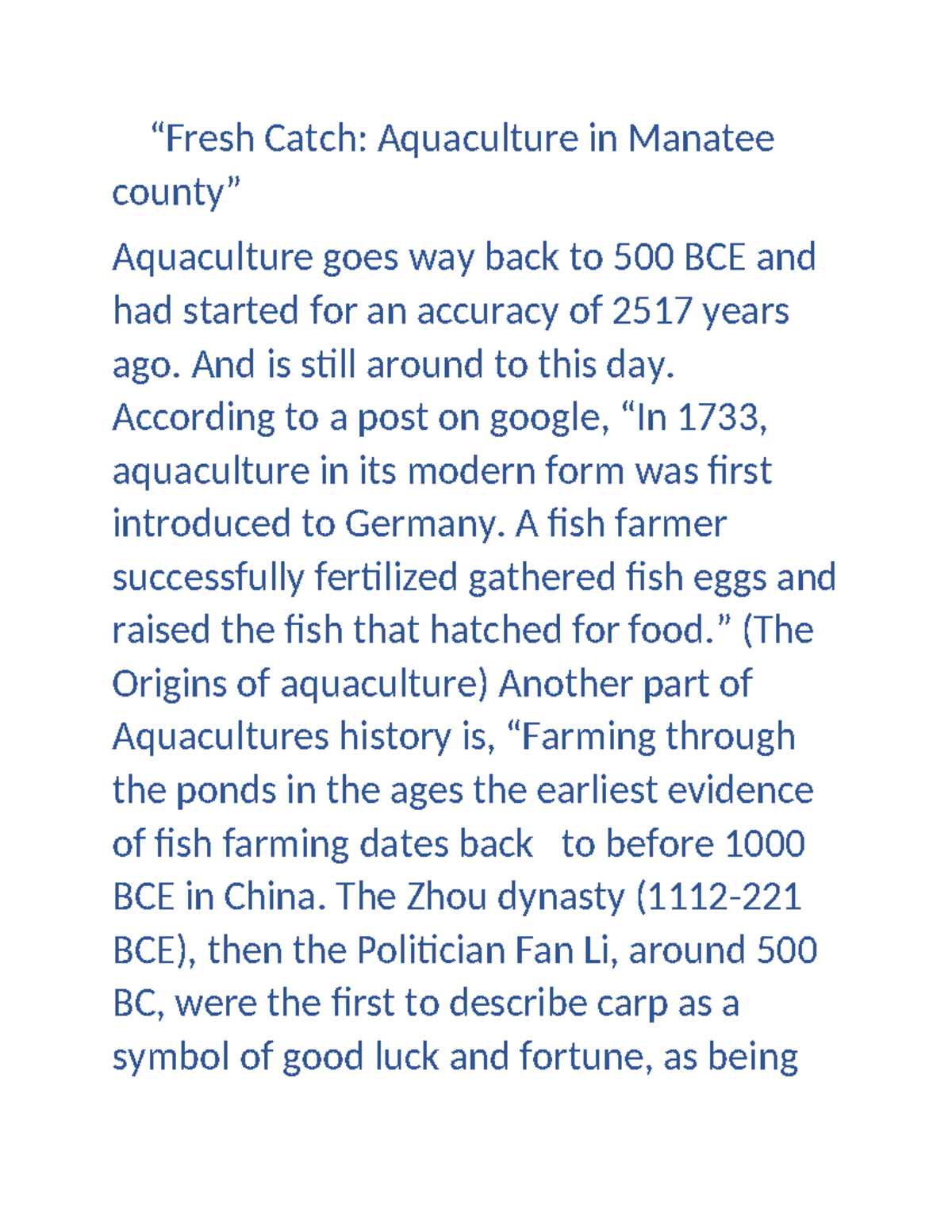 Document - xerdctvyubjesfibubs - “Fresh Catch: Aquaculture in Manatee ...