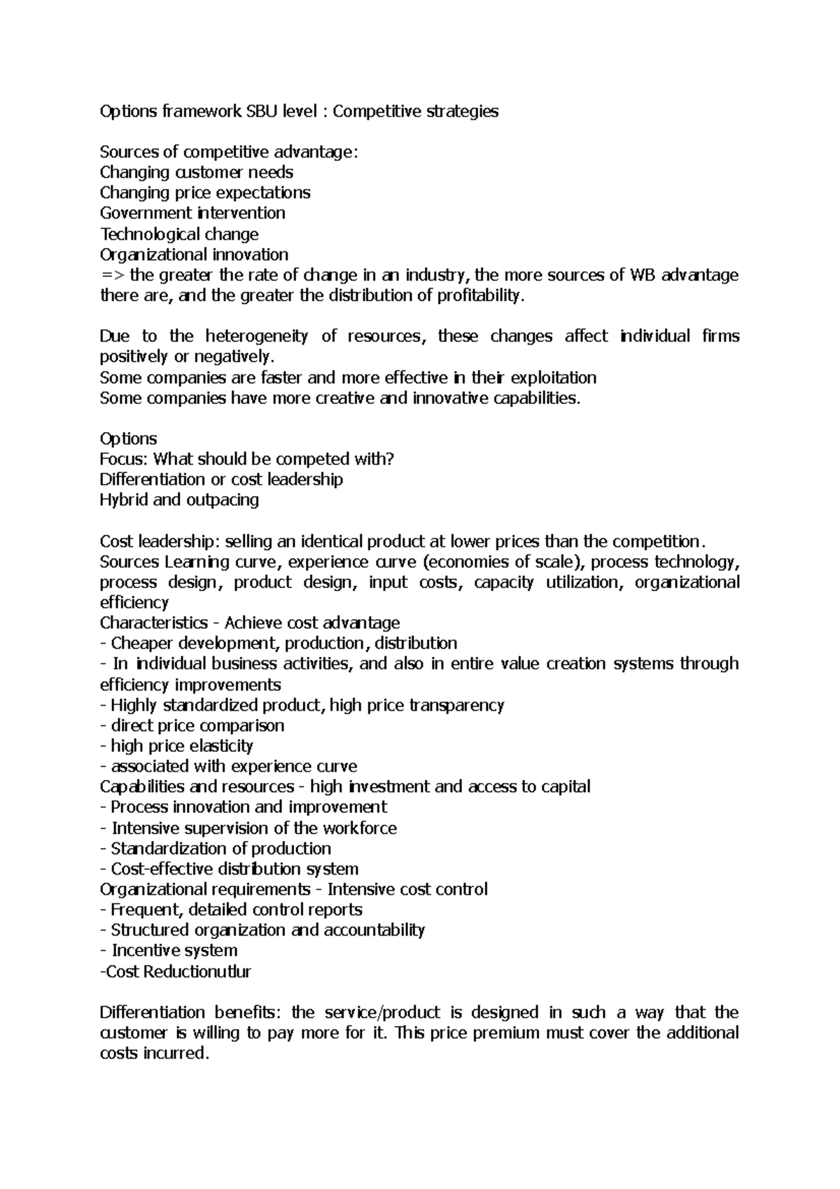 Options framework SBU level - Due to the heterogeneity of resources ...
