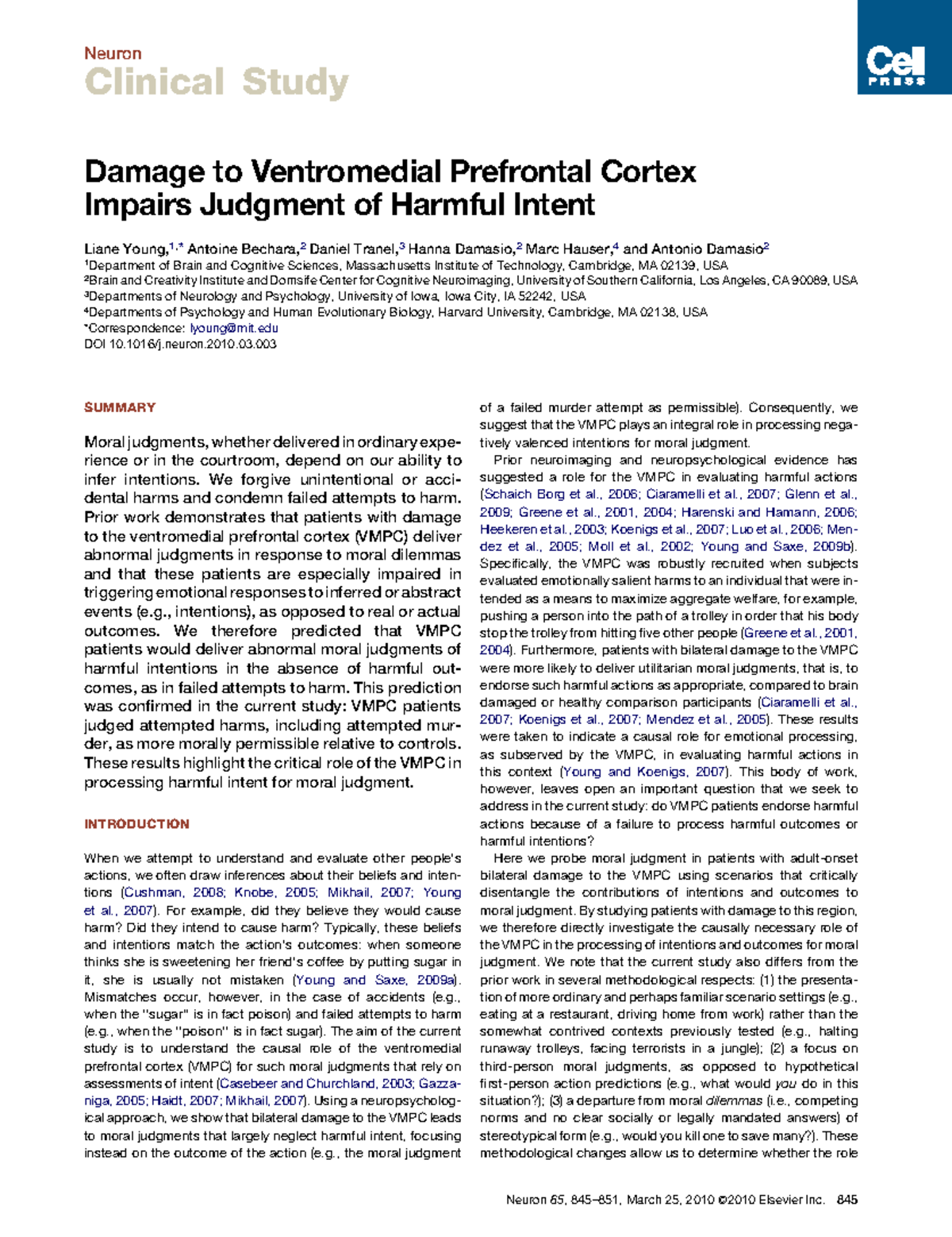 Damage to Ventromedial Prefrontal Cortex Impairs Judgment of Harmful ...
