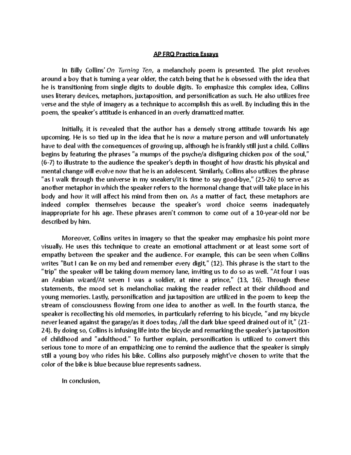 AP FRQ Practice Essays - notes - AP FRQ Practice Essays In Billy ...