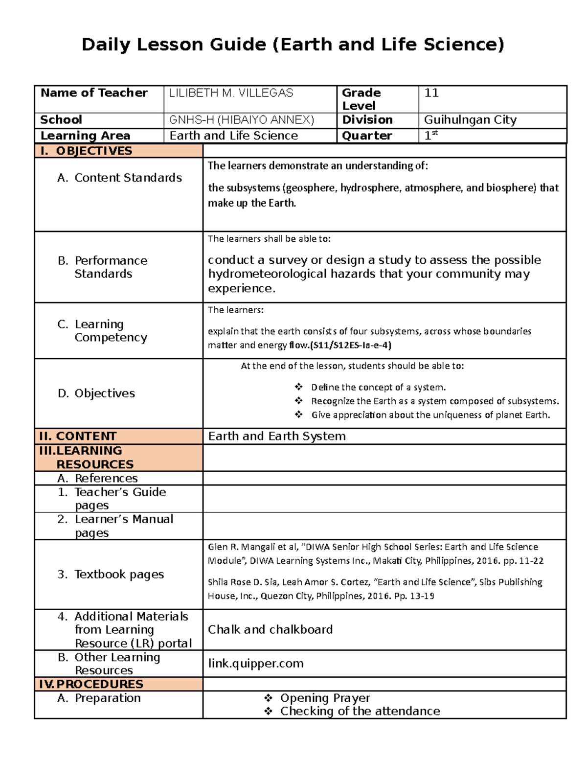 062117 Earth's Subsystems - Daily Lesson Guide (Earth and Life Science ...