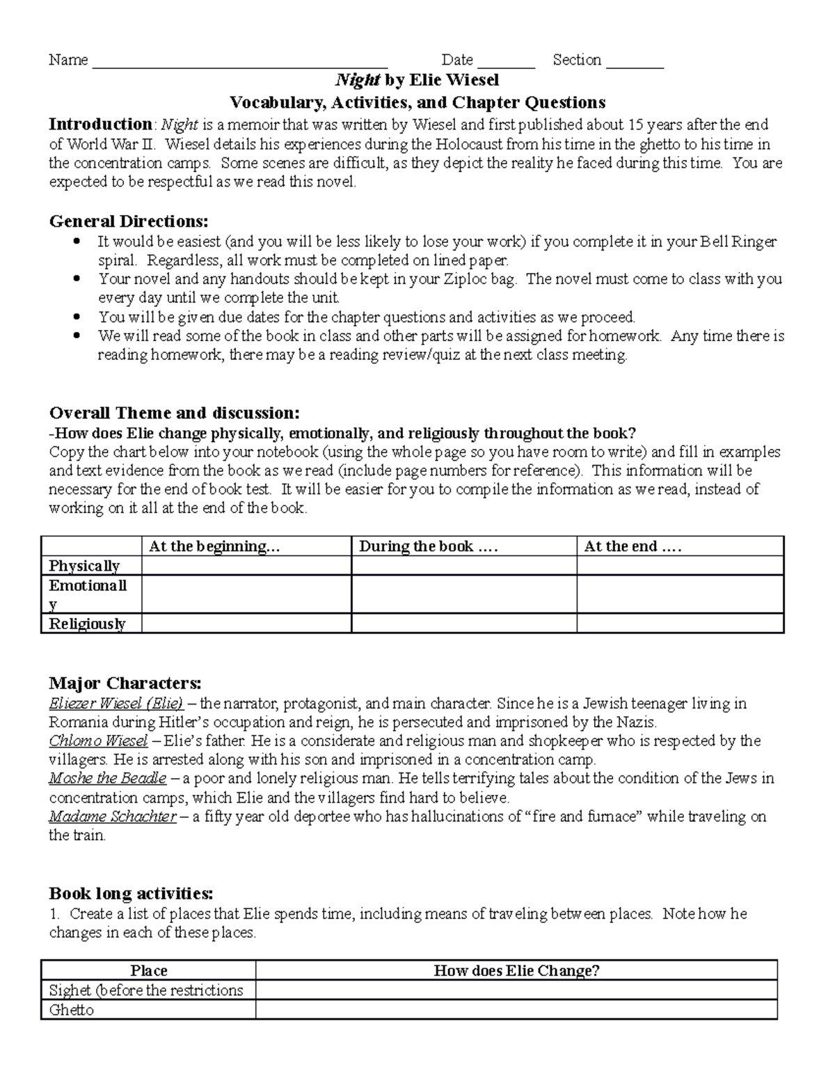 Night Chapter Activities Questions - Name ...
