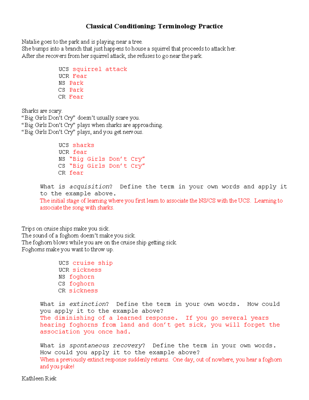 Classic practice extra key - Classical Conditioning: Terminology ...