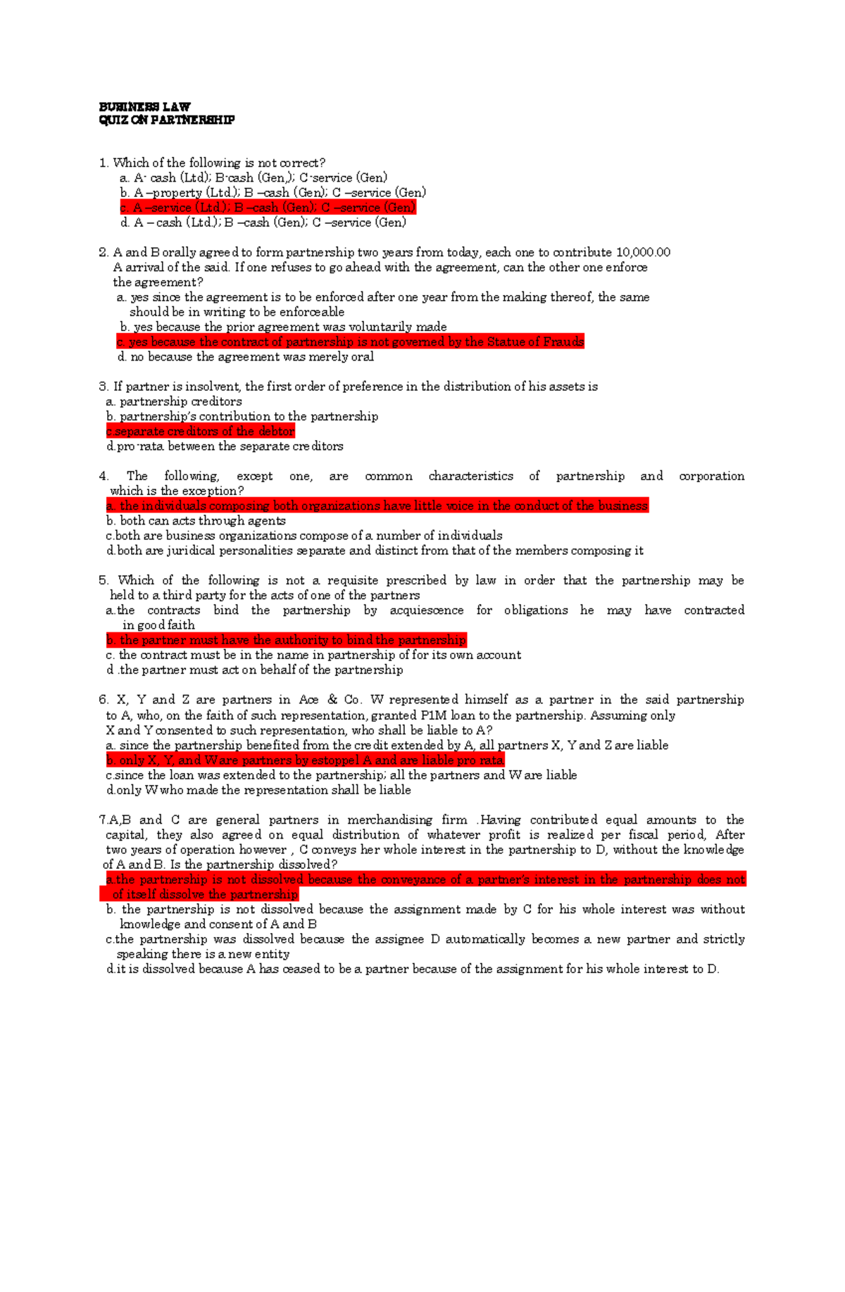 Pdfcoffee - reviewer bsa - BUSINESS LAW QUIZ ON PARTNERSHIP 1. Which of the following is not ...