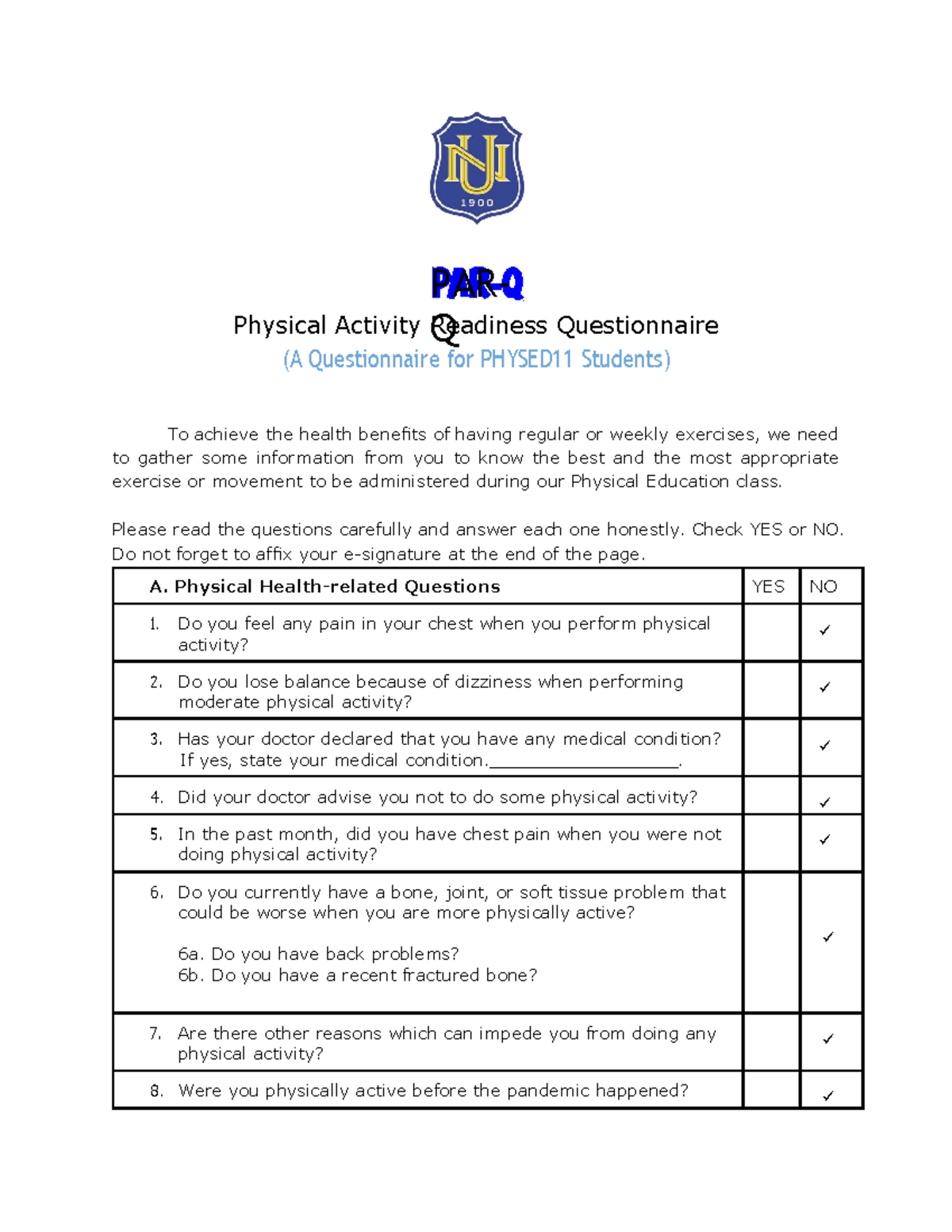 Physical Education PAR-Q - Physical Activity Readiness Questionnaire (A ...