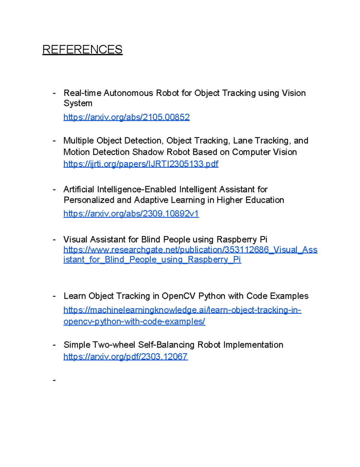 References - REFERENCES - Real-time Autonomous Robot for Object Tracking using Vision System ...