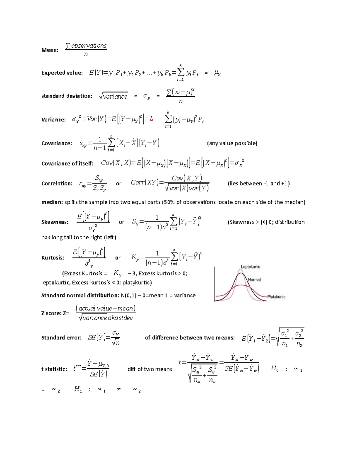 ECON 2P91 mid term formulas - Mean : ∑ observations n Expected value ...