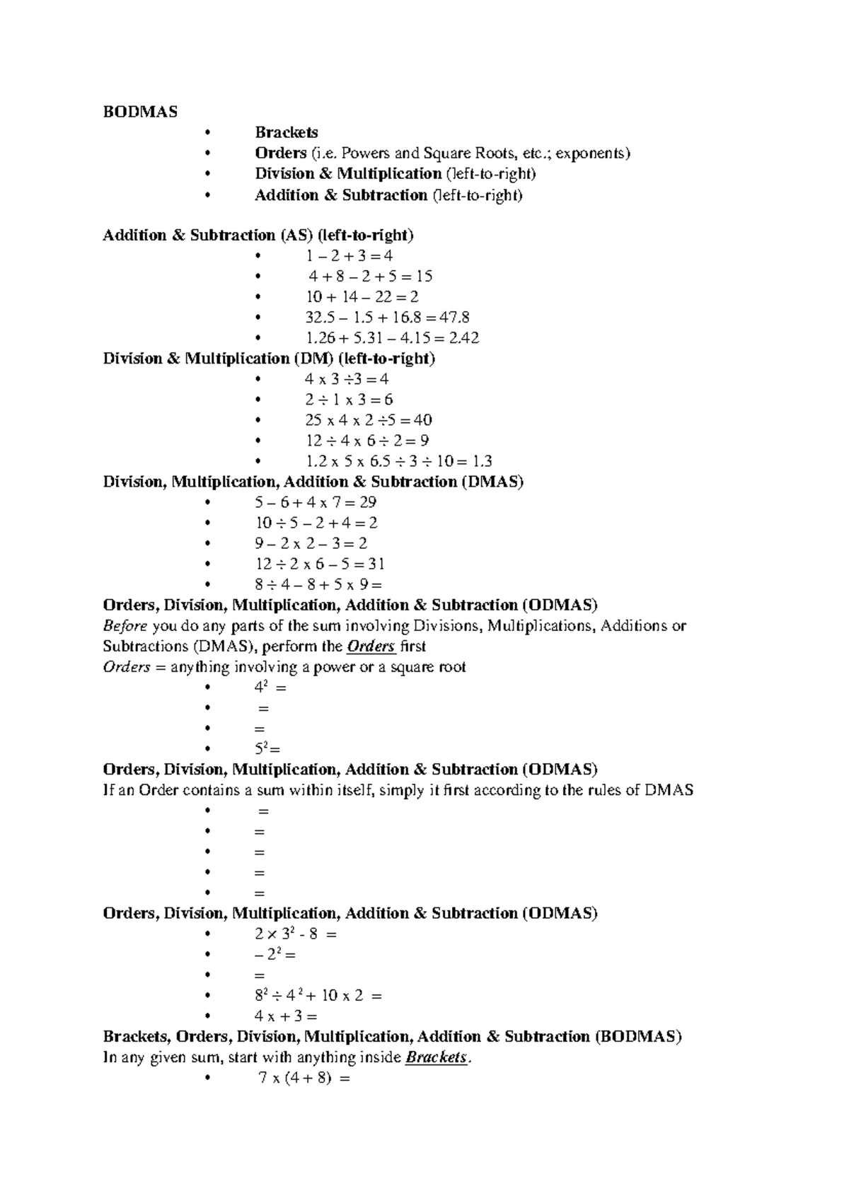 Week 1 Bodmas worksheet - BODMAS **- Brackets Orders** (i. Powers and ...