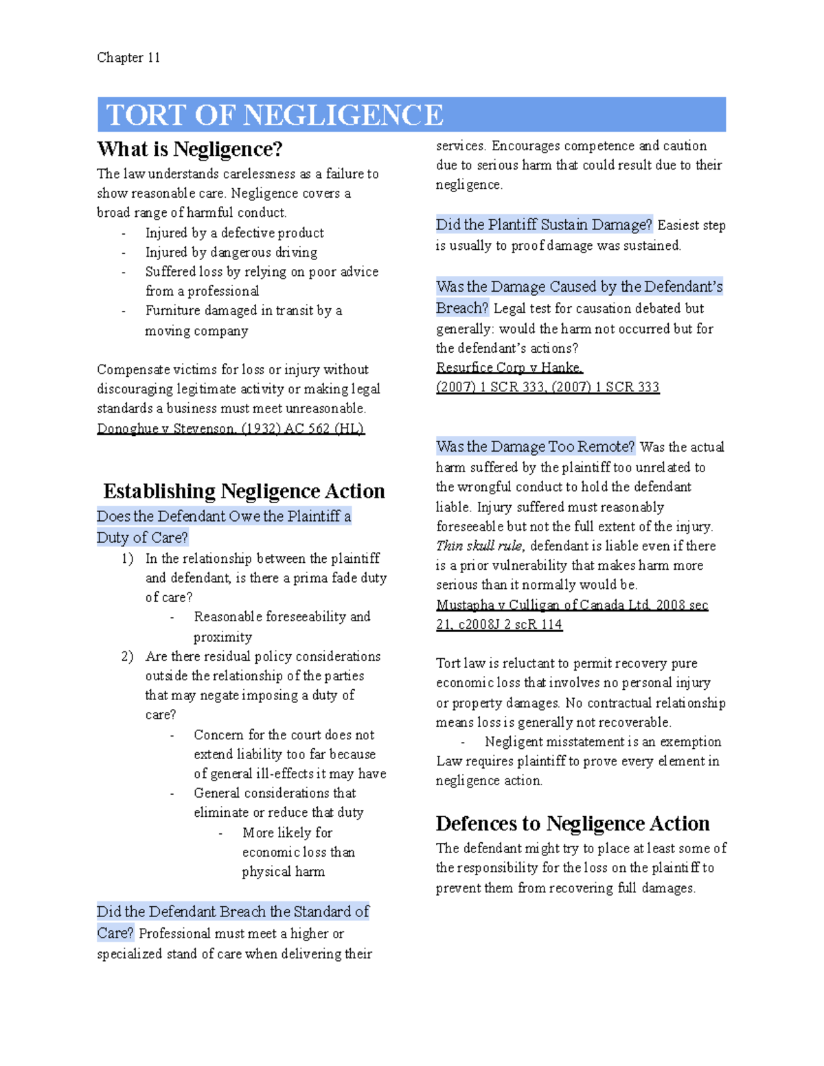 Tort of Negligence - Textbook Notes - Chapter 11 TORT OF NEGLIGENCE ...