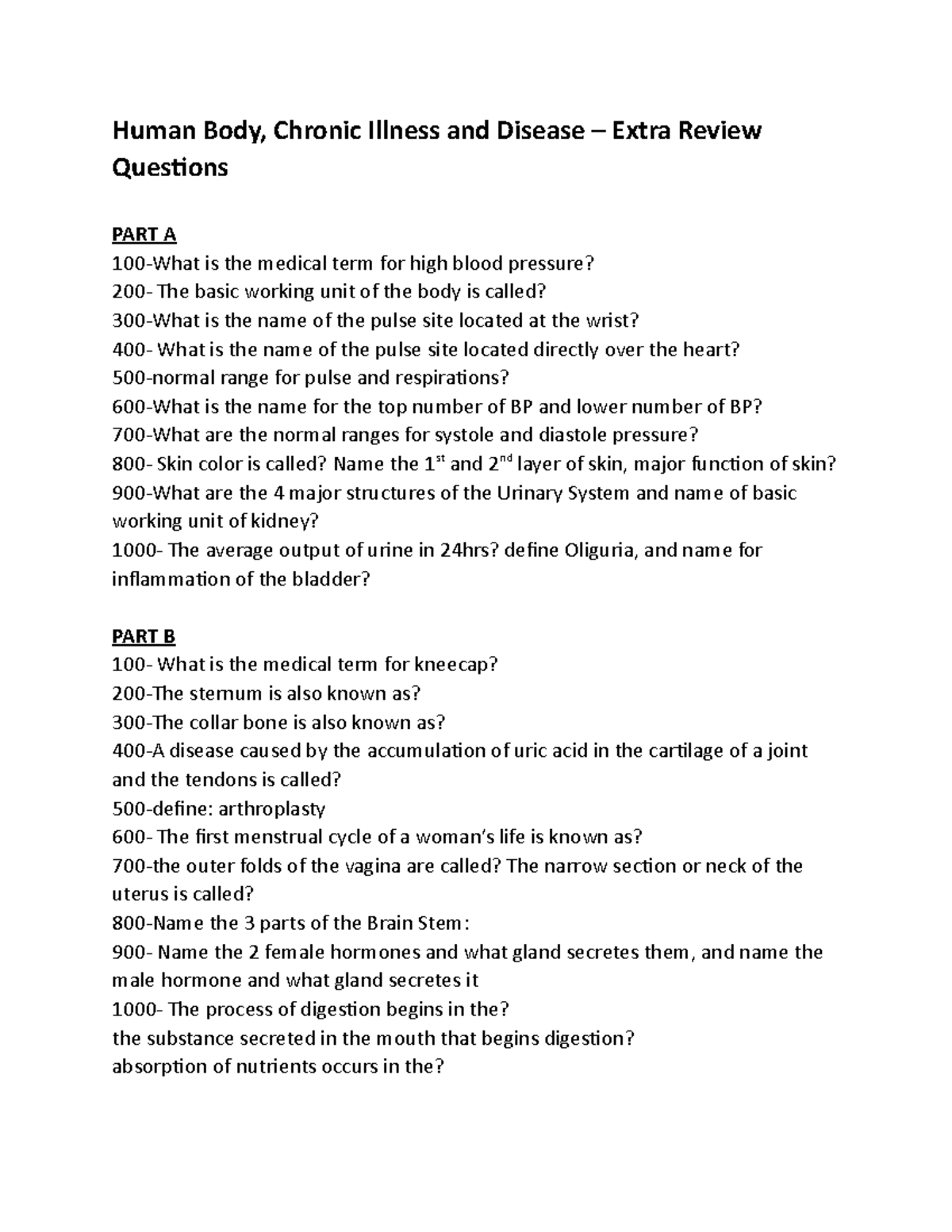Human Body - Extra Review Questions - Human Body, Chronic Illness and ...