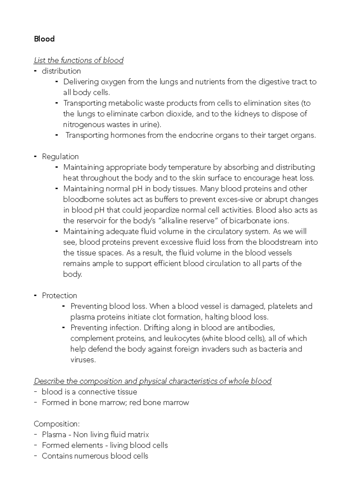 Exam semester 1 notes - Blood List the functions of blood ...