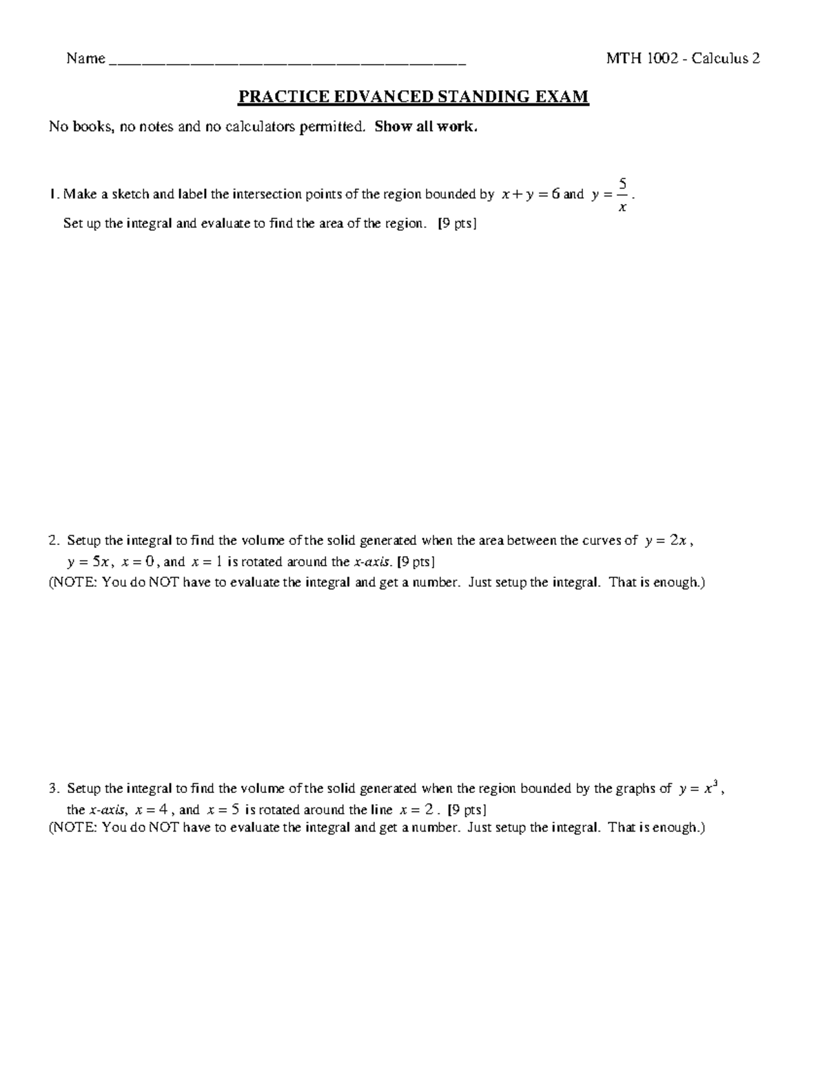 CALC2 Practice Advanced Standing Exam - Name