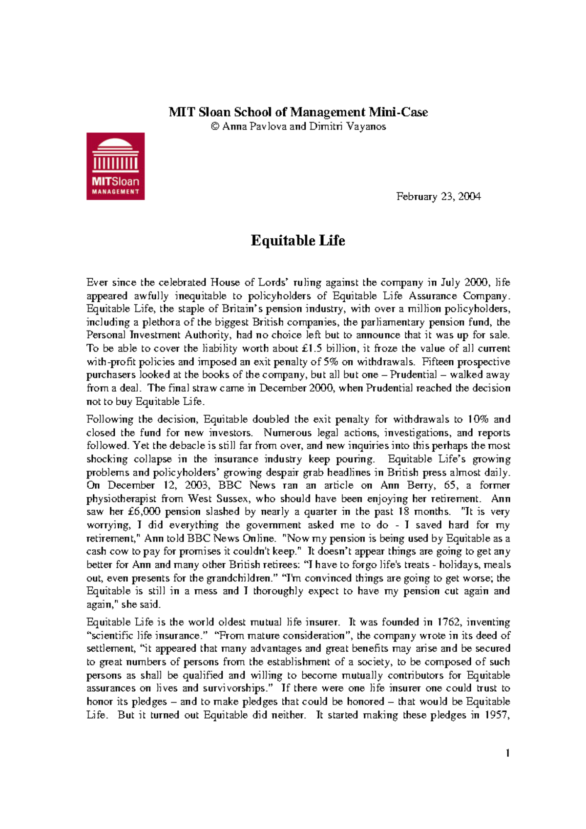 Equitable Life - Problem Set 3 - Case study - MIT Sloan School of ...