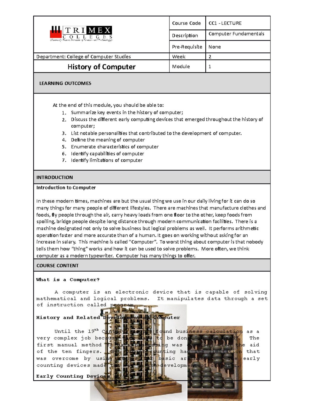 CC1 Module 1 History OF Computer - Course Code CC1 - LECTURE ...