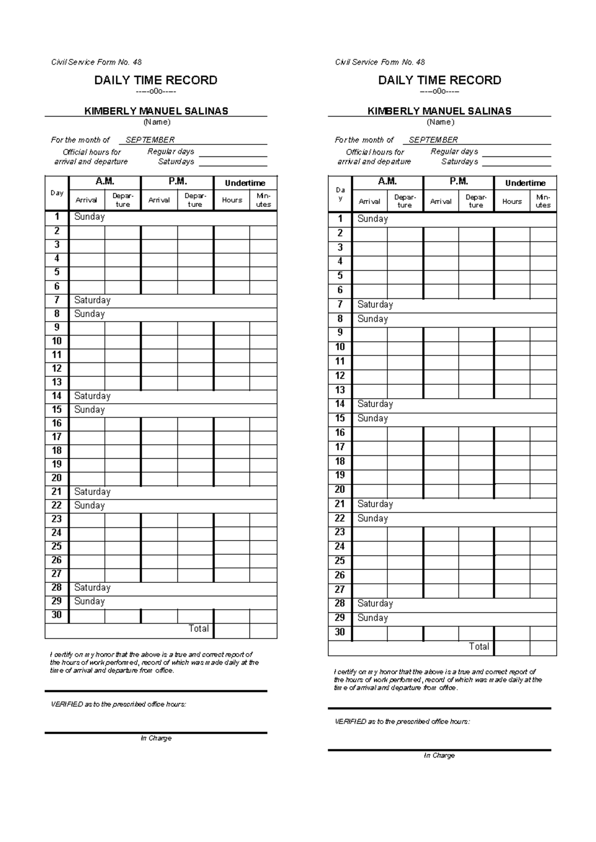 Daily Time Record (DTR) - Civil Service Form No. 48 DAILY TIME RECORD ...