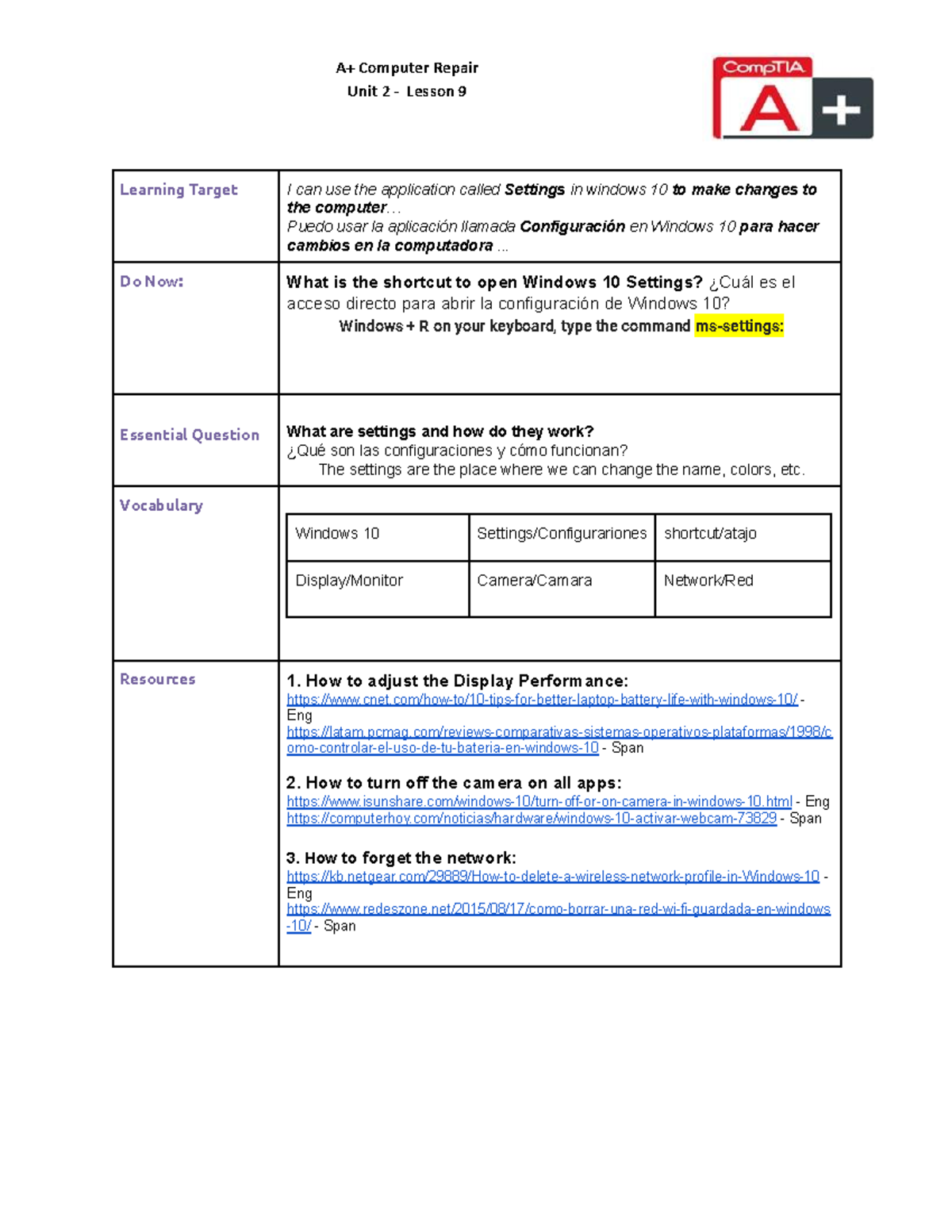 Ricardo Puma - [Template] CR Unit 2 - Lesson 9 Settings Part 3 - A+ ...