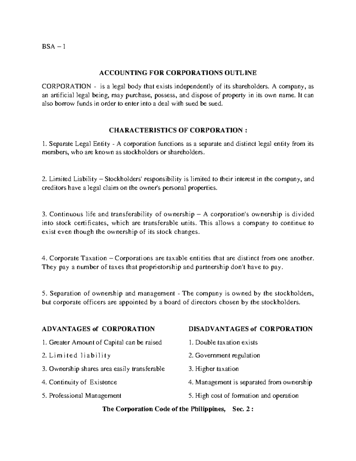 Accounting 12 Chapter 5 Outline - BSA – 1 ACCOUNTING FOR CORPORATIONS ...