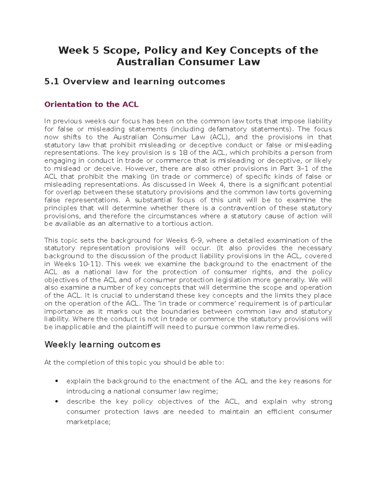 MLJ706 Week 5 Scope, Policy and Key Concepts of the Australian Consumer ...