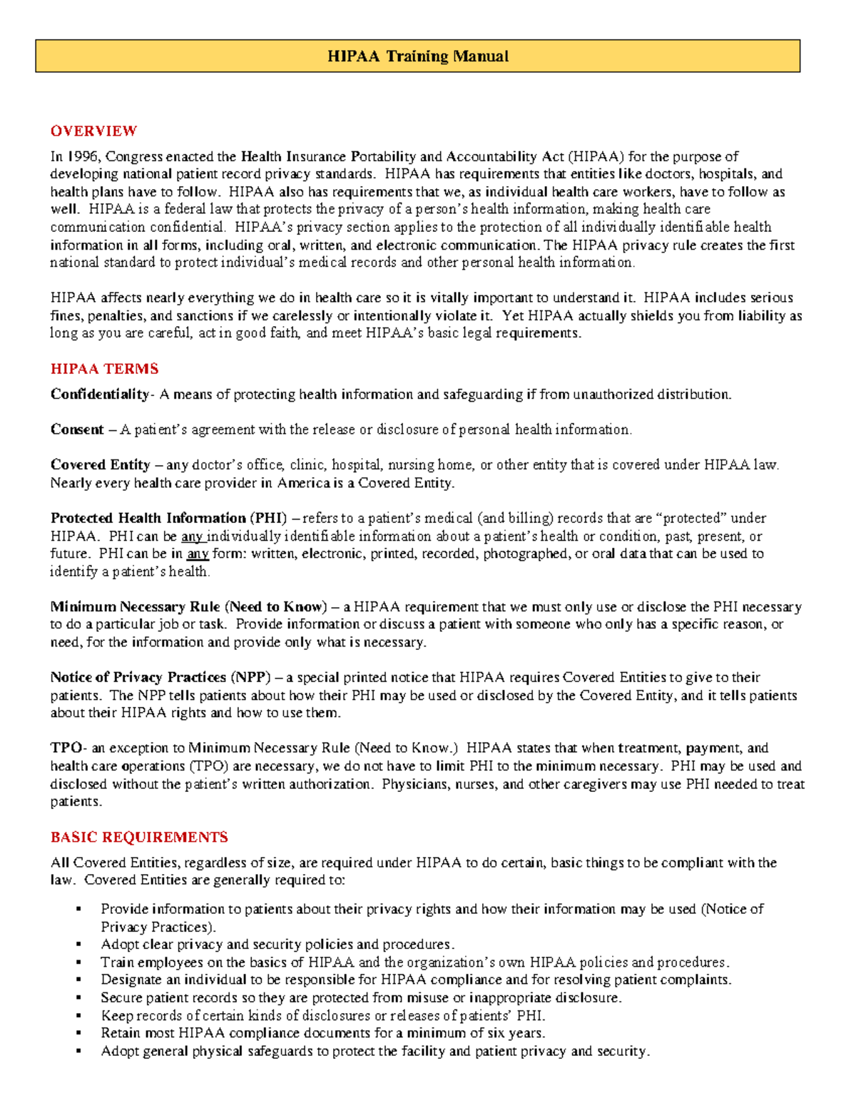 Hipaa Training Manual - n/a - OVERVIEW In 1996, Congress enacted the ...