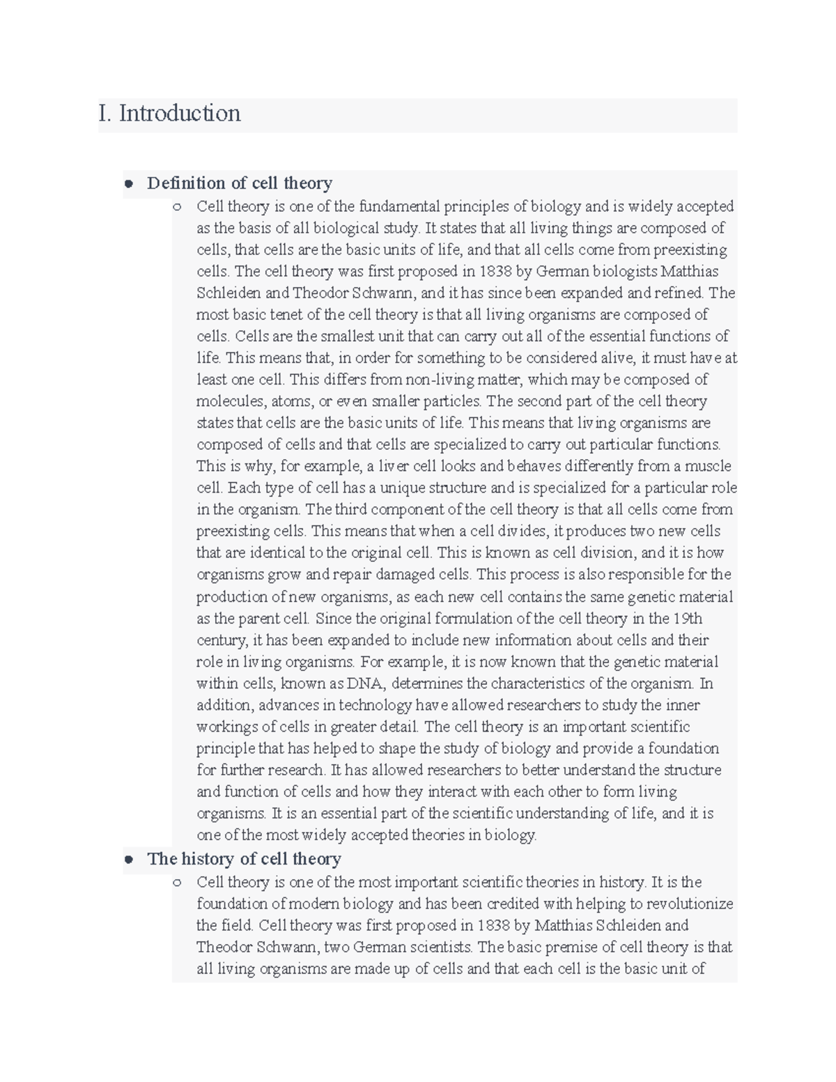Introduction to the cell theory - I. Introduction Definition of cell ...