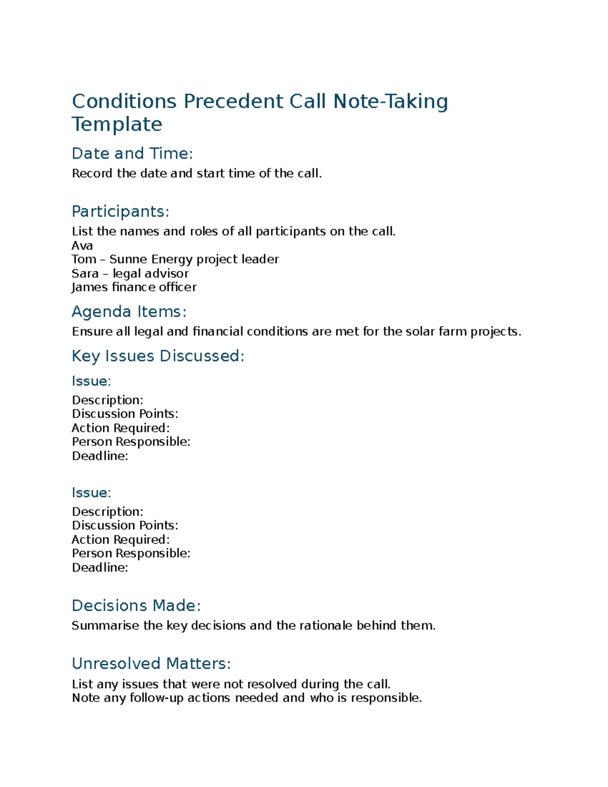 Call - template - Conditions Precedent Call Note-Taking Template Date ...