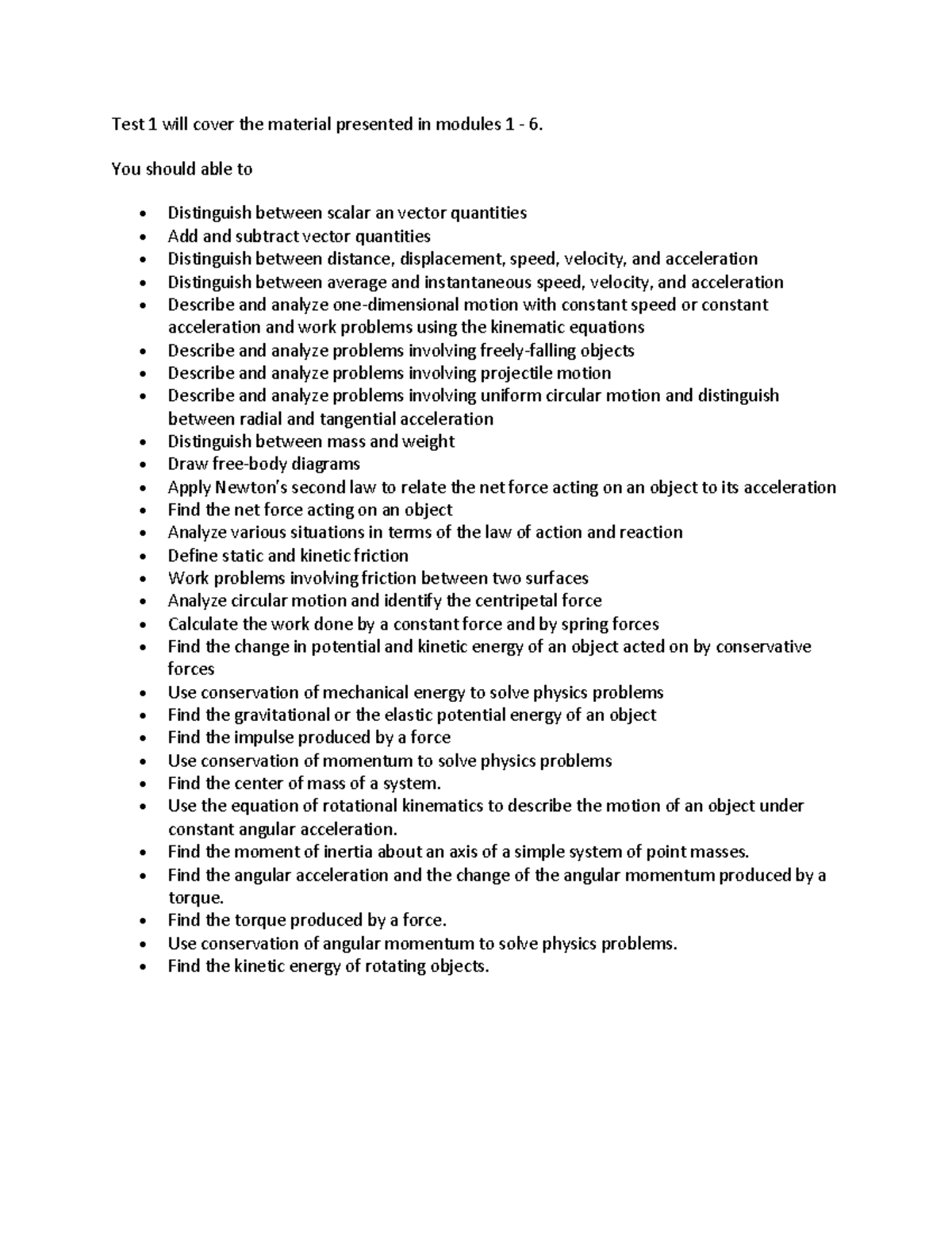 Physics 221 Test 1 study guide - Test 1 will cover the material ...