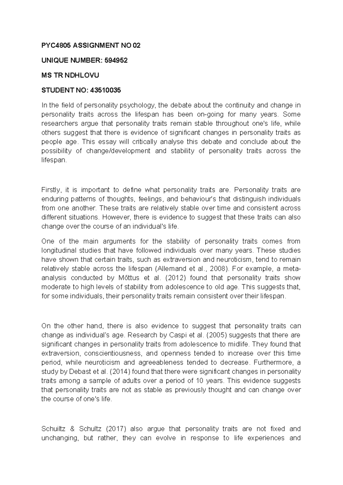 PYC4805 Assignment NO 02 102912 - PYC4805 ASSIGNMENT NO 02 UNIQUE NUMBER: 594952 MS TR NDHLOVU ...