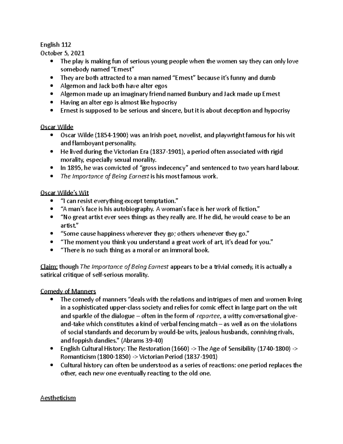 ENG 112-Oct. 5 - october 5 notes - English 112 October 5, 2021 The play ...