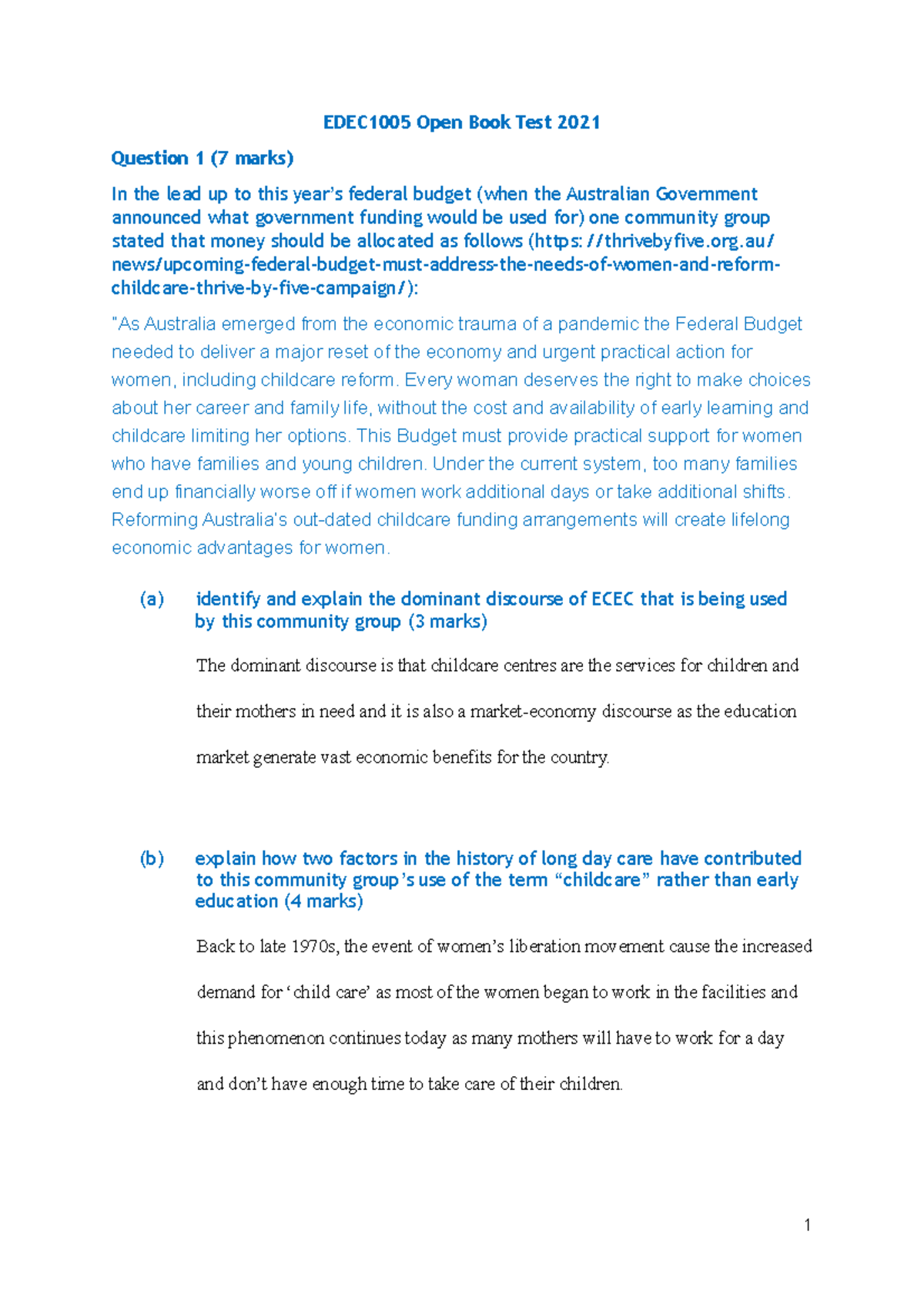 2021 Open book test questions Final Students - EDEC1005 Open Book Test ...