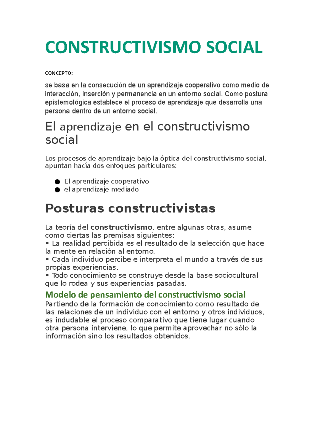 Constructivismo Social - CONSTRUCTIVISMO SOCIAL CONCEPTO: se basa en la consecución de un - Studocu