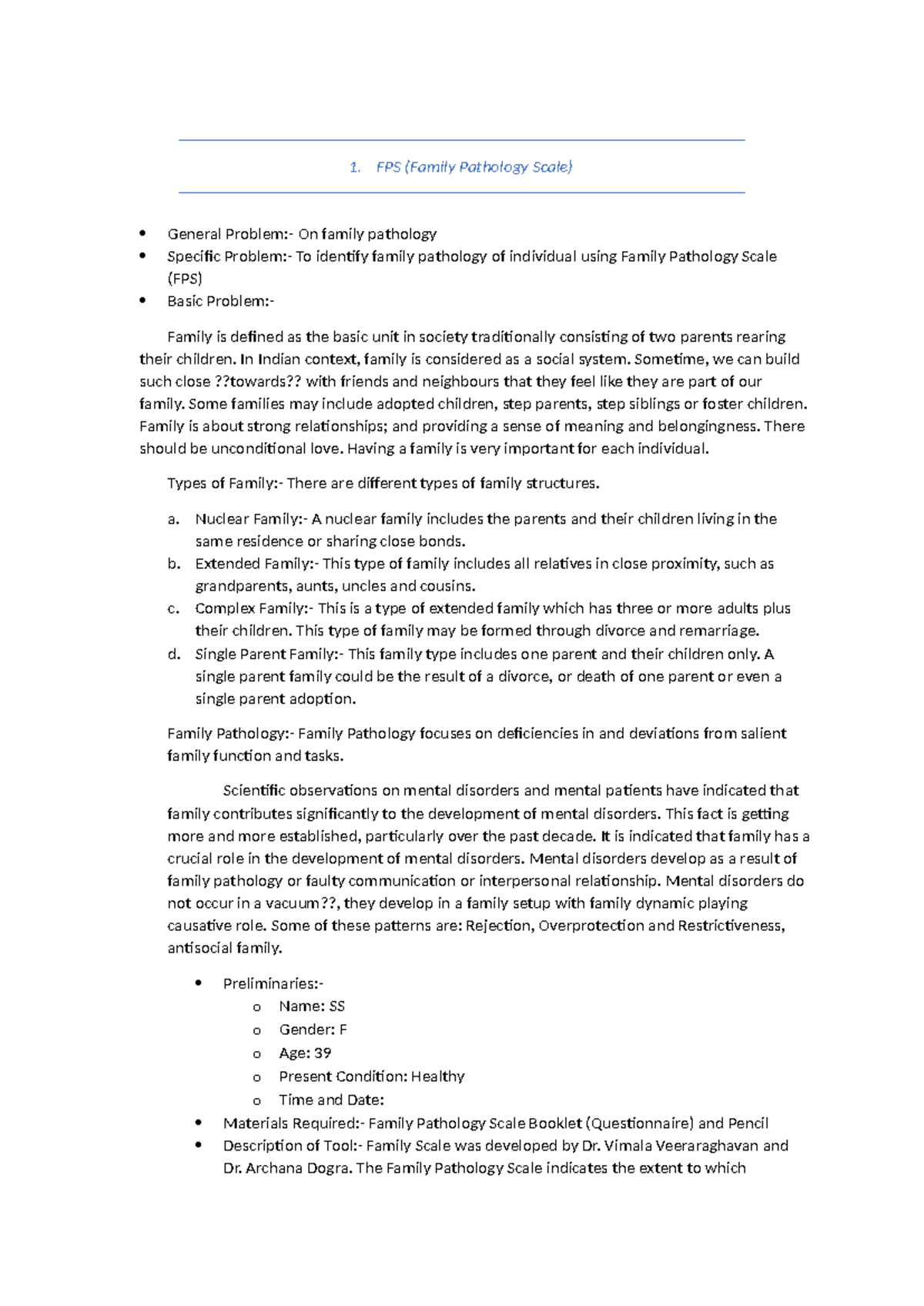FPS (Family Pathology Scale) - In Indian context, family is considered ...