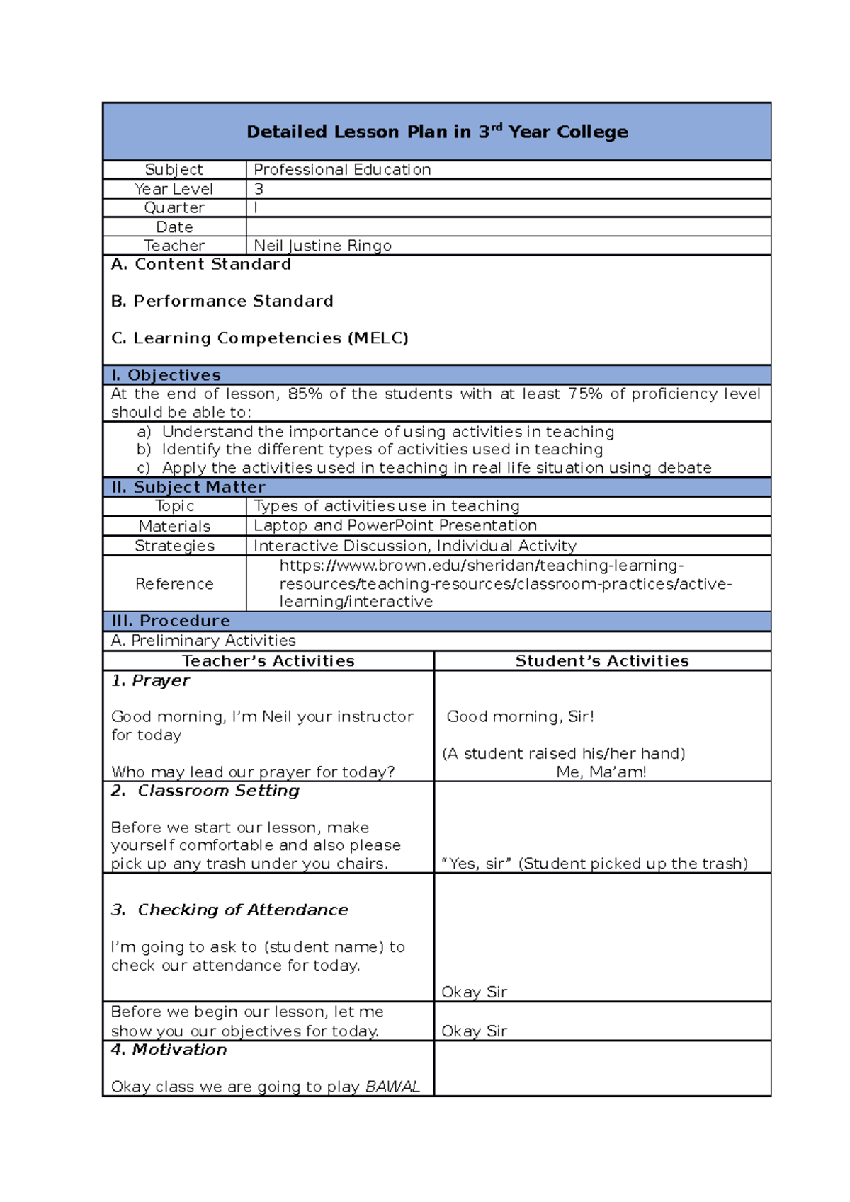 Neil ringo DLP Finished - Detailed Lesson Plan in 3rd Year College ...