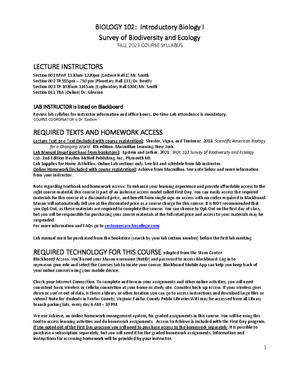 BIOL102-syllabus-Fall2023 - BIOLOGY 10 2 : Introductory Biology I Survey of Biodiversity and ...