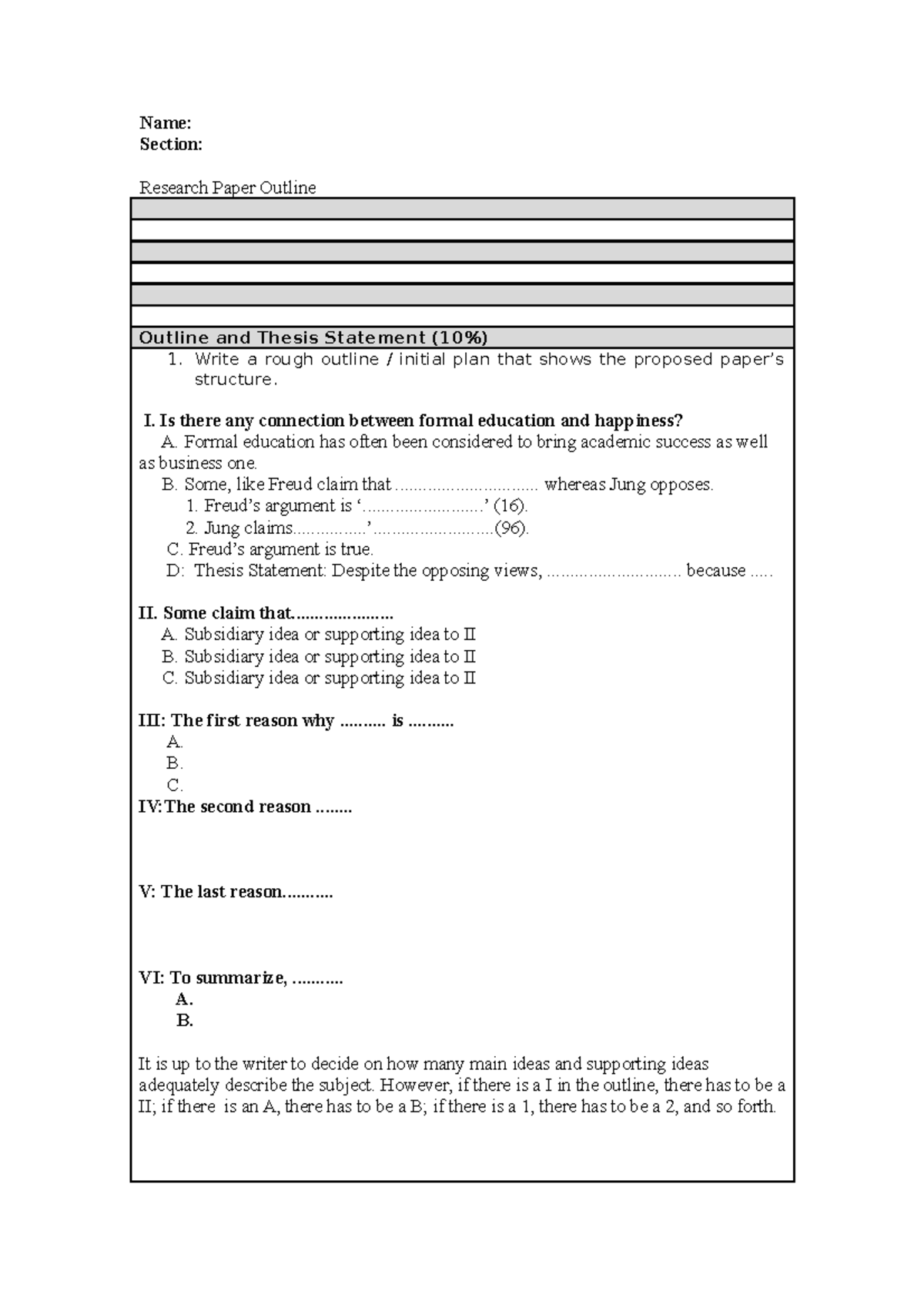 Research Paper Outline Form new - Name: Section: Research Paper Outline ...