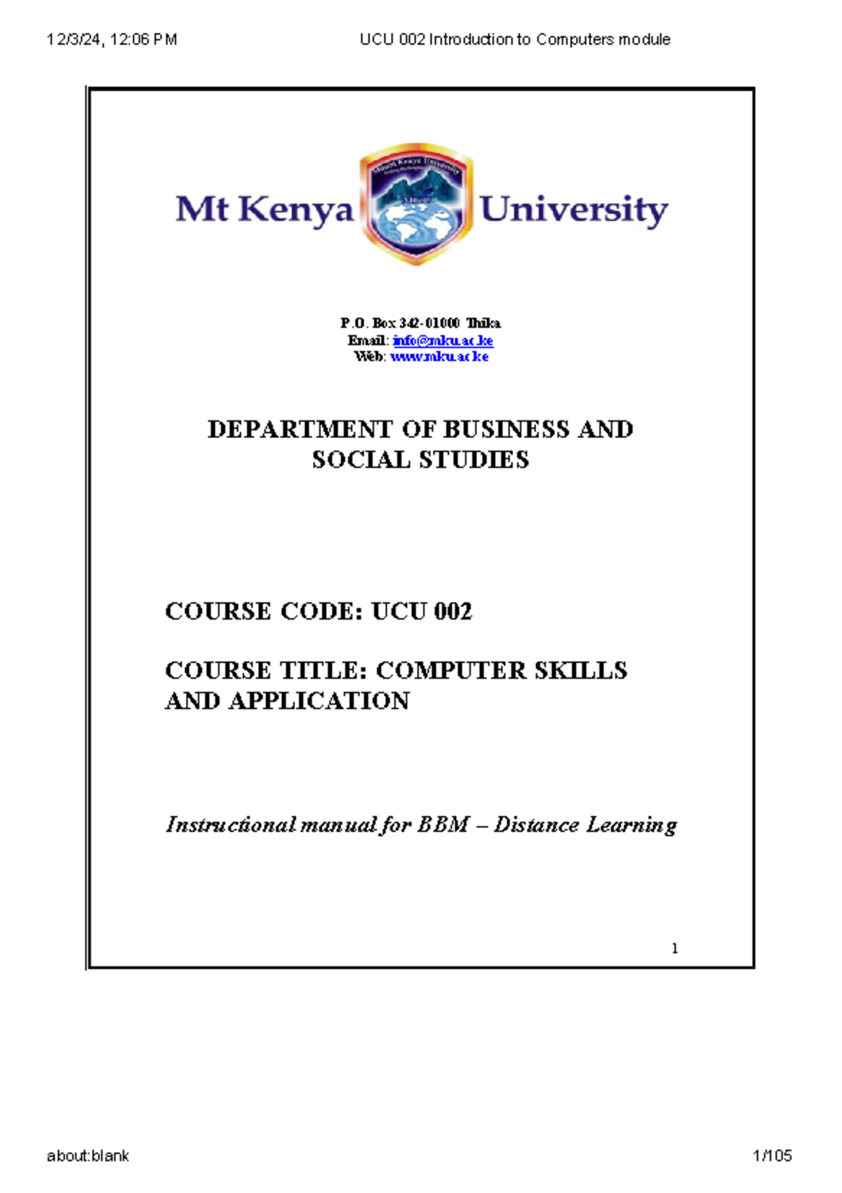 UCU 002 Introduction to Computers module-Zack - P. Box 342-01000 Thika ...