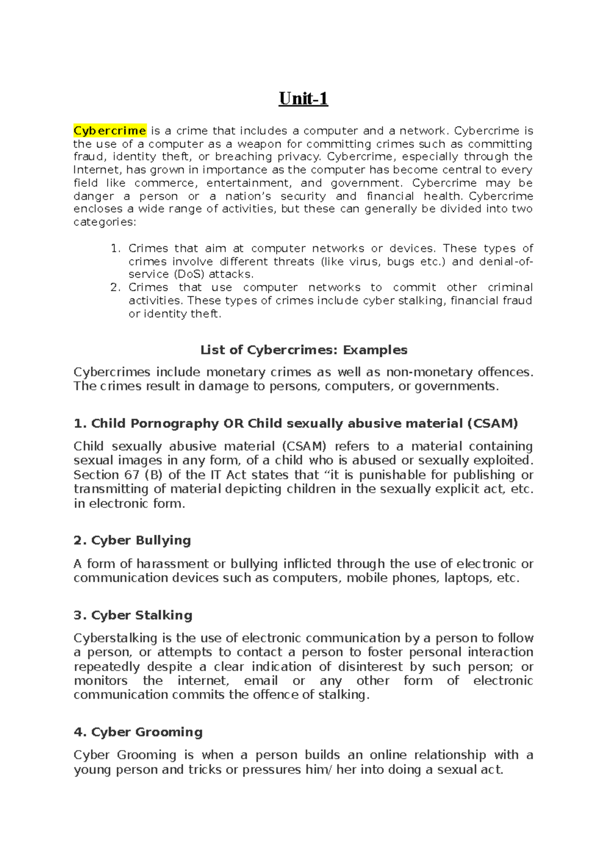 Unit-1 Cyber Security - Unit- Cybercrime is a crime that includes a ...