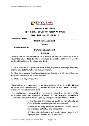 Sample Plaint - REPUBLIC OF KENYA IN THE HIGH COURT AT MERU CIVIL SUIT ...