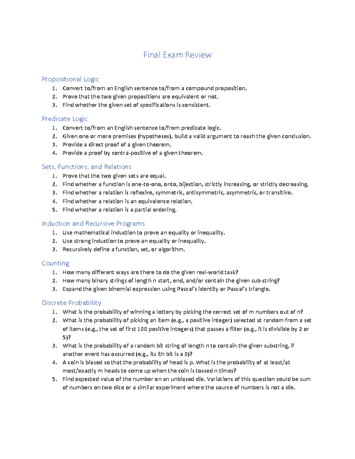 Final Exam Review 214 - Final Exam Review Propositional Logic Convert ...