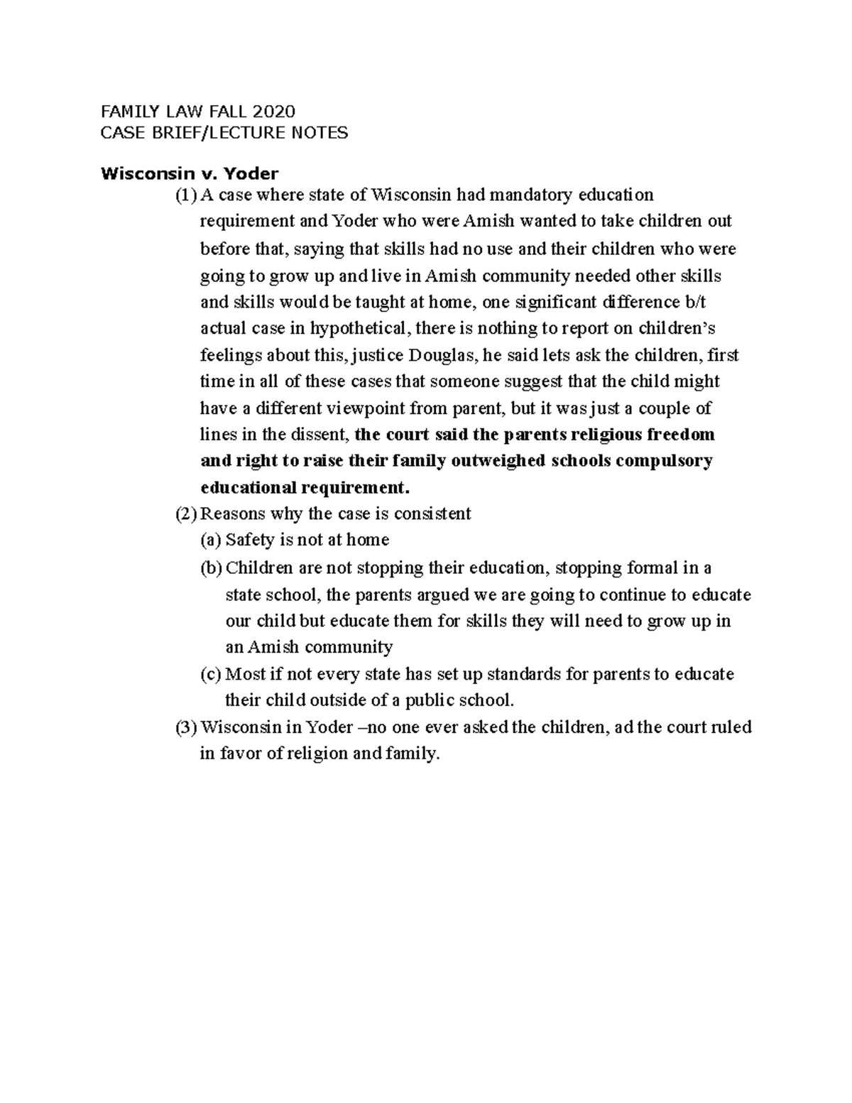 Wisconsin v. Yoder - Lecture notes 16 - FAMILY LAW FALL 2020 CASE BRIEF ...