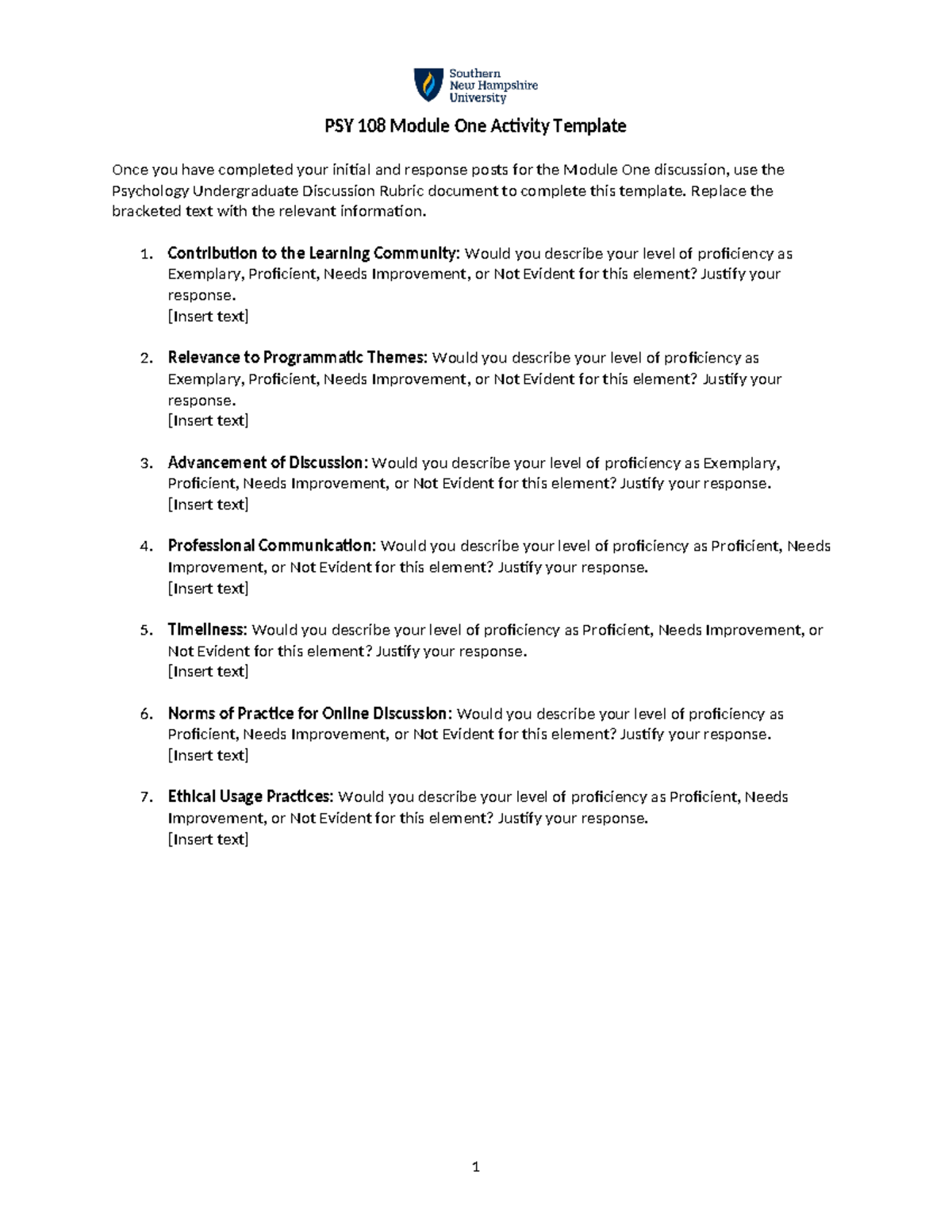 PSY 108 Module One Activity Template - PSY 108 Module One Activity Template Once you have ...