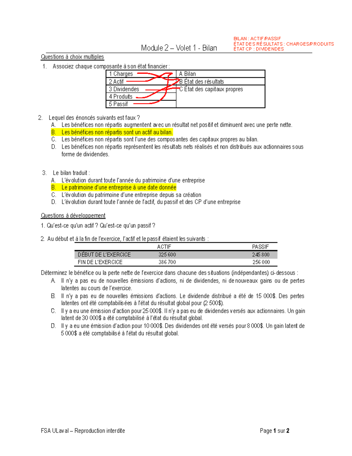 Exercice module 2 - Module 2 ± Volet 1 - Bilan Questions à choix multiples 1. Associez chaque ...