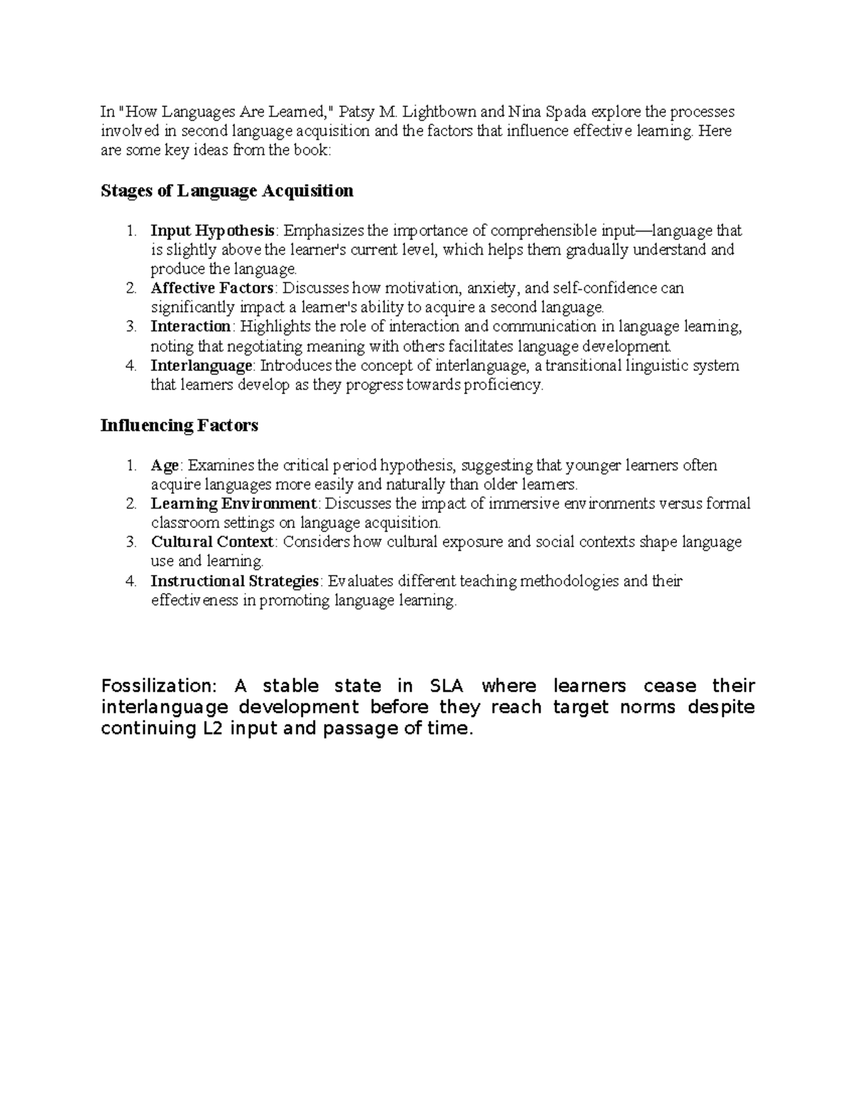 SLA notes - In "How Languages Are Learned," Patsy M. Lightbown and Nina ...