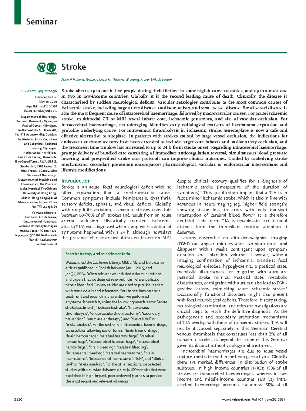 Stroke - 2024 - ACV - Stroke Nina A Hilkens, Barbara Casolla, Thomas W ...