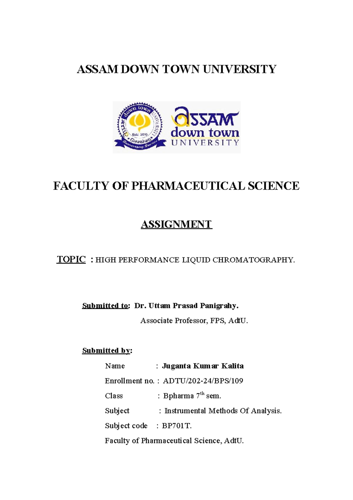A brief overview on HPLC - ASSAM DOWN TOWN UNIVERSITY FACULTY OF ...