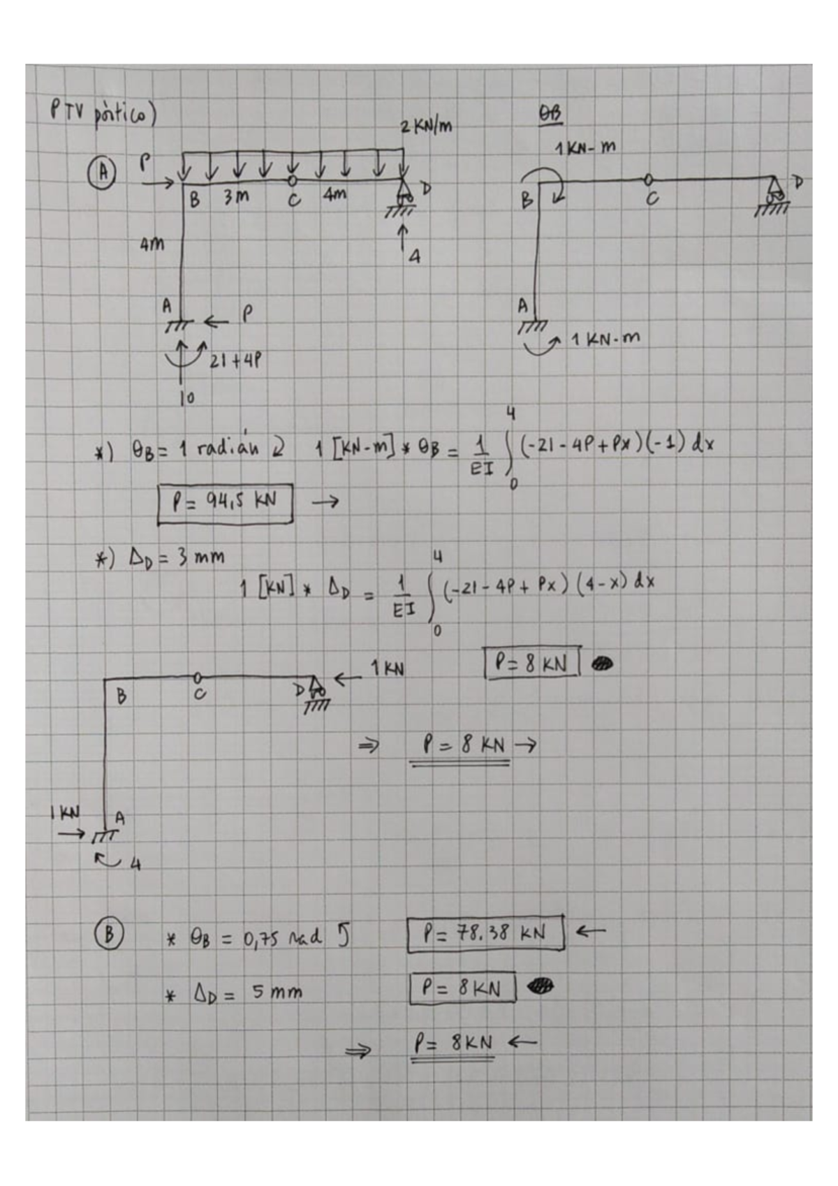 Solucion Pregunta 2 portico pdf - PTV pricico) 2 KN/M OB 1 KN- m A P B 3M c 4m D B V c R TIII m ...