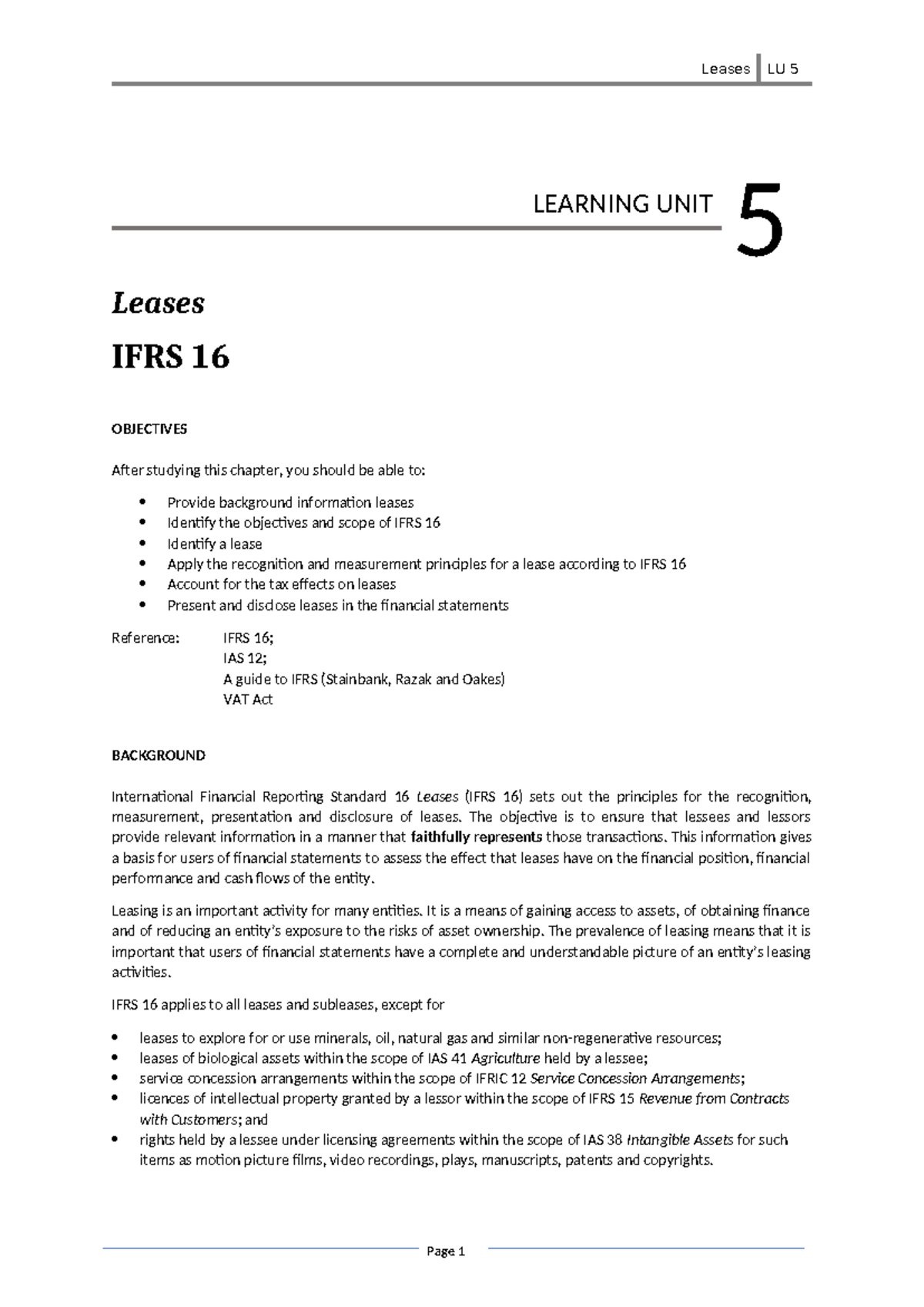 LU 5 - Leases - Notes - Leases LU 5 LEARNING UNIT 5 Leases IFRS 16 ...