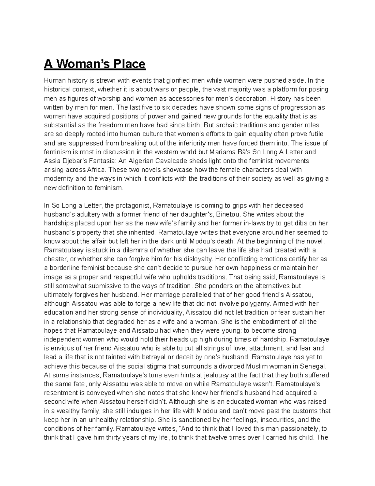 Comparative Analysis of Mariama Ba’s So Long A Letter and Assia Djebar ...